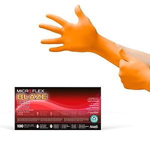 Ansell Microflex Blaze N48 7mil Disposable Nitrile Gloves w/Extended Cuff for Automotive, Oil, Mining - XX-Large, Orange (Box of 100)