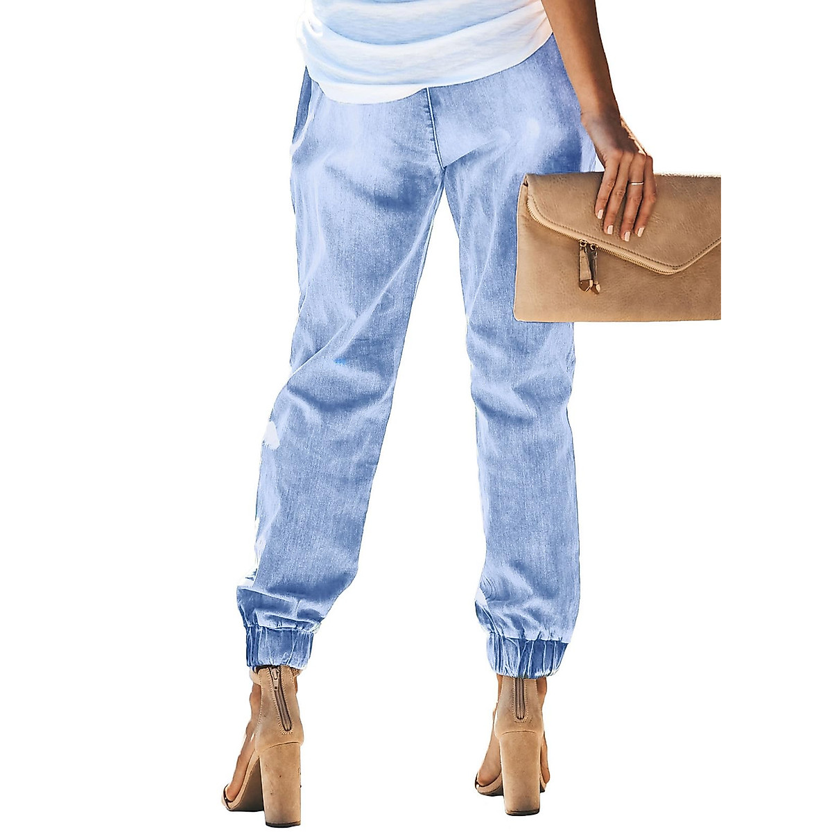 Sidefeel Women's Jeans Cargo Pants Ripped Denim Joggers Elastic Drawstring Waist Trouser Sky Blue Size 6
