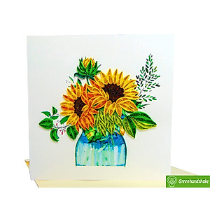 Sunflowers Arrangement in Vase, Quilled Card, Quilling Card 3D,Unique Dedicated Handmade, Design Greeting Card for Birthday, Valentine's Day, Mothers Day, Spring, Fathers Day, All Occasion,6"x6"