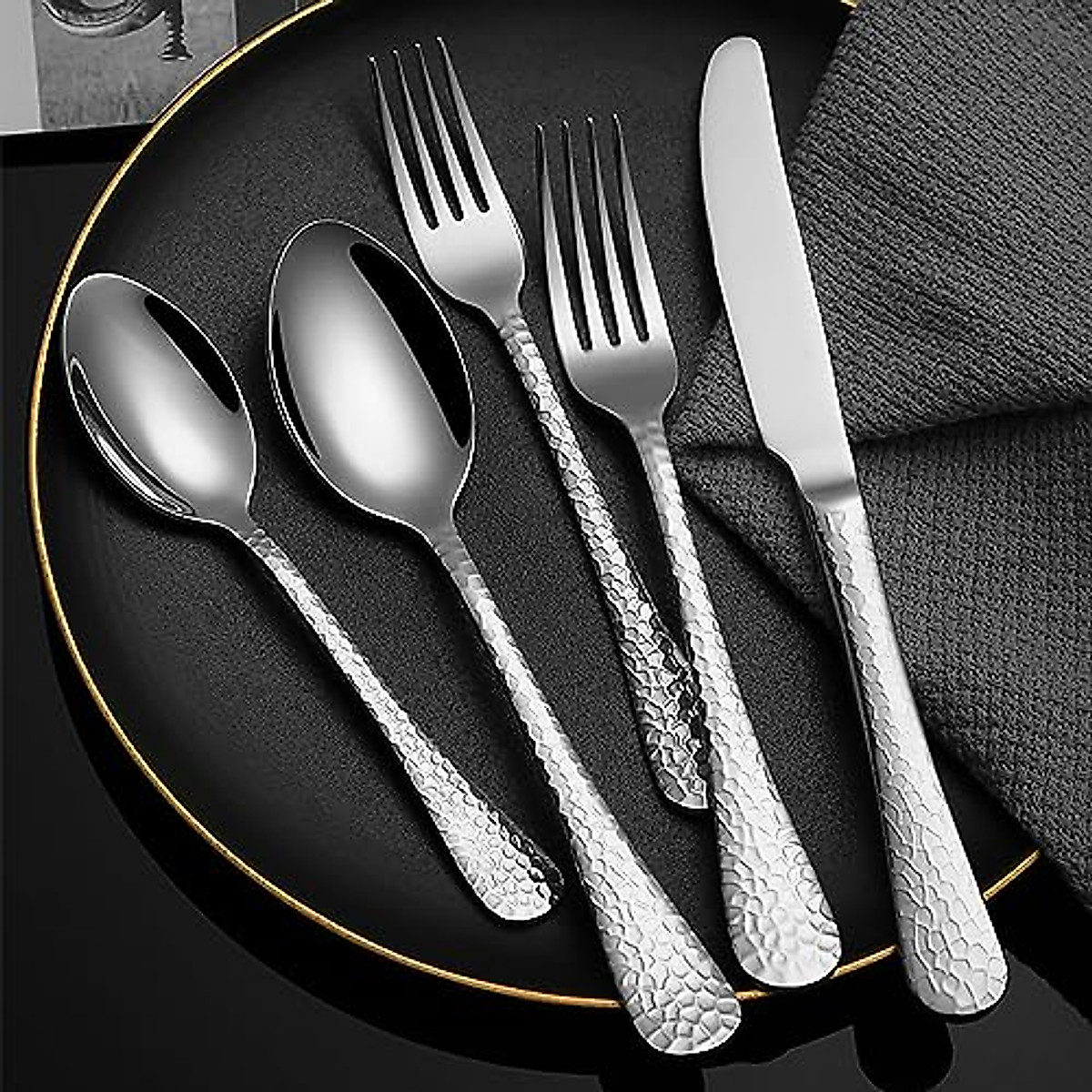 Hammered Silverware Set 16 Pieces Stainless Steel Flatware Set for 4, Mirror Polished Tableware Cutlery Set for Home Kitchen Restaurant Hotel, Kitchen Utensils Set, Modern Design, Dishwasher Safe