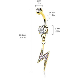 Lightning Bolt Paved with AB CZ Dangle 316L Surgical Steel Jeweled Belly Button Ring (Rose Gold)