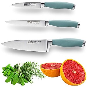 Taylors Eye Witness Syracuse Kitchen Knife 3pce Set - Paring 8cm/3.5”, Chefs 15cm/6” & Cooks All Purpose 13cm/5” Cutting Edge. Ultra Fine, Razor Sharp Blade. Soft Textured Grip Aqua Blue Handle