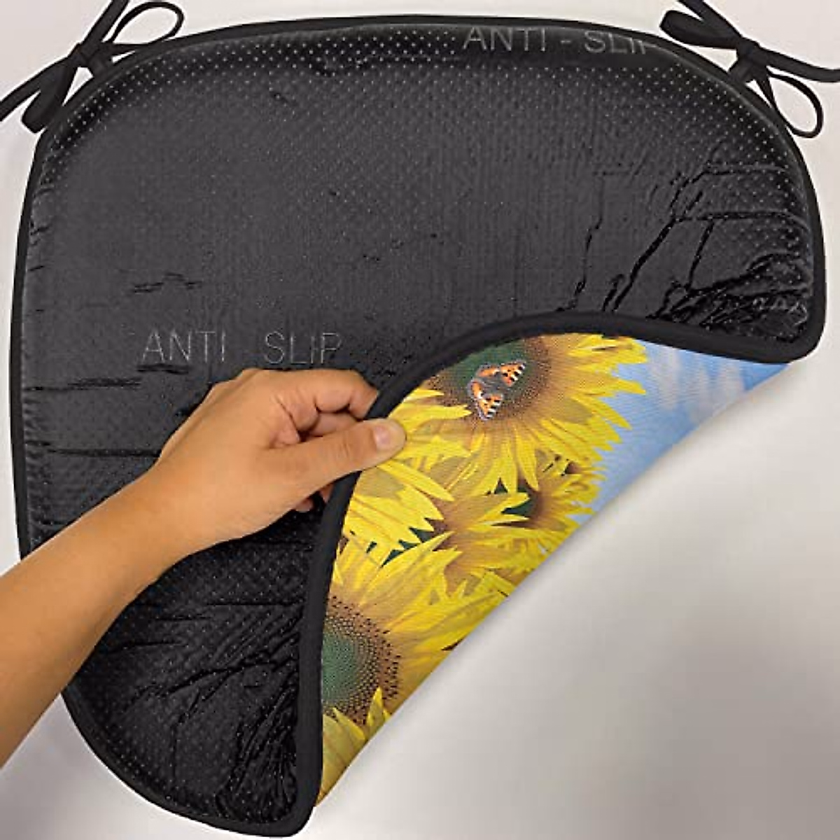 Lunarable Sunflower Chair Cushion Pads Set of 8, Sunflowers in Meadow with Butterflies Floral Image Country Style Home Design, Anti-Slip Seat Padding for Kitchen & Patio, 16"x16", Yellow Blue