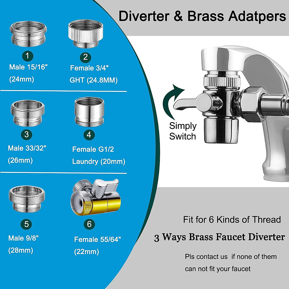 Kitchen Sink Sprayer Attachment for Faucet, ON/OFF Faucet Sprayer Head with Stainless Steel Hose，3 Way Brass Diverter with Aerator, for Kitchen Cleaning, Pet Shower,Hair Washing (5 Adapters）