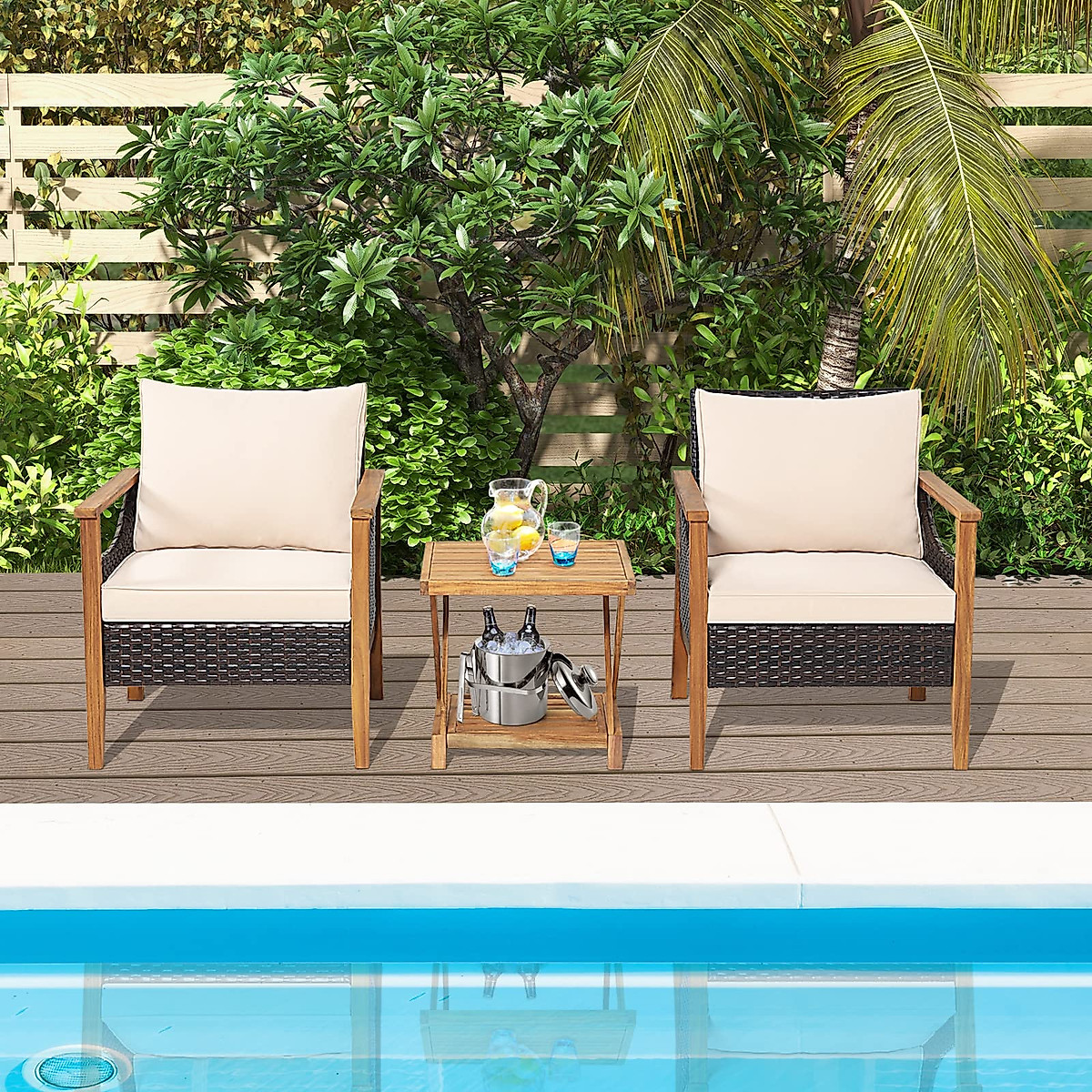 Tangkula 3 Pieces PE Wicker Patio Bistro Set, Outdoor Acacia Wood Conversation Set with Cushions and 2-Tier Coffee Table, Outdoor Patio Porch Furniture Set (Natural)