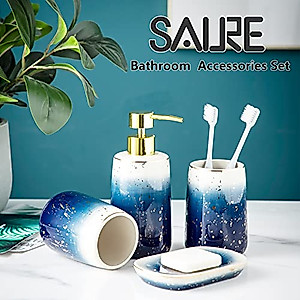 Bathroom Accessory Set, Ceramic Bathroom Accessories Set Blue, 4 Piece Navy Starry Washing Set of 2 Gargle Cups, Soap Dish, Lotion Dispenser, Bathroom Countertop Ceramic Accessory Set Bathroom Decor