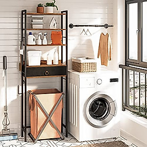 HOOBRO Over The Toilet Storage, 5 Tier Bathroom Organizer with Storage Drawer, Freestanding Bathroom Spacesaver with Laundry Hooks, Toilet Paper Holder, Stable and Sturdy, Rustic Brown BF51TS01