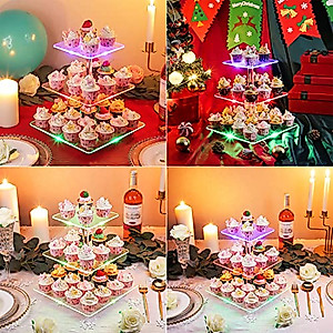 3 Tiers LED Acrylic Cupcake Stand, Rechargeable Clear Dessert Display Stand Cupcake Tower for Christmas, Weddings, Anniversaries, Baby Showers, Birthday Parties