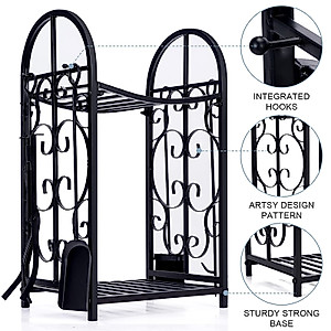 Sturdy Firewood Rack Fireplace Tools Set with 4 Fireplace Accessories Brush Shovel Poker Tong, Vertical Design 2 Shelves Log Storage Rack Holder, Holds a Great Amount of Wood Fireside Logs