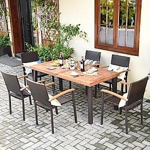 Tangkula 7-Piece Wicker Patio Dining Set, Patiojoy Outdoor Rattan Garden Yard Furniture Set, Acacia Wood Tabletop Dining Table with Umbrella Hole & 6 Stackable Rattan Chairs Set