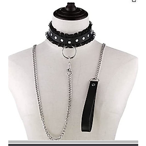 DAMSIL Punk Harajuku Lace Collar Hauling Chain PU Leather Choker Metal Ring Gothic Necklace Neck Accessories Adjustable Buckle (Black)