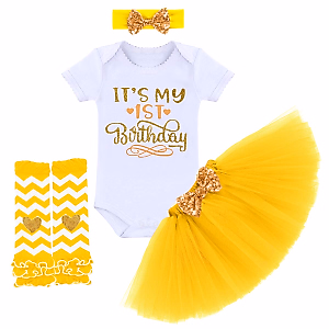 Baby Girls Half 1st 2nd Birthday Cake Smash Outfits One Year Princess Party Short Sleeve Romper Bodysuit + Tulle Tutu Skirt + Sequin Bowknot Headband + Stripes Leg Warmer Clothes Set 4PCS Yellow 1ST