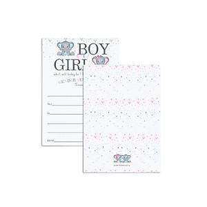 Elephant Gender Reveal Invitations with Envelopes (25 Pack) Invites for Baby Shower Party – Pink and Blue Theme Boy or Girl – Fill-In Details on Blank Card Set 5x7