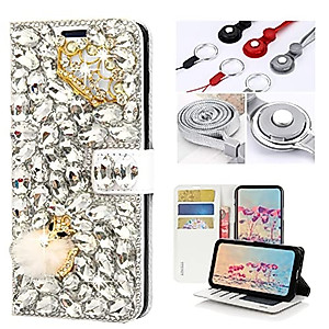 STENES Bling Wallet Phone Case Compatible with Samsung Galaxy Z Fold 2 5G - Stylish - 3D Handmade Crystal Crown Fox Magnetic Wallet Leather Girls Women Cover with Neck Strap Lanyard [3 Pack] - White
