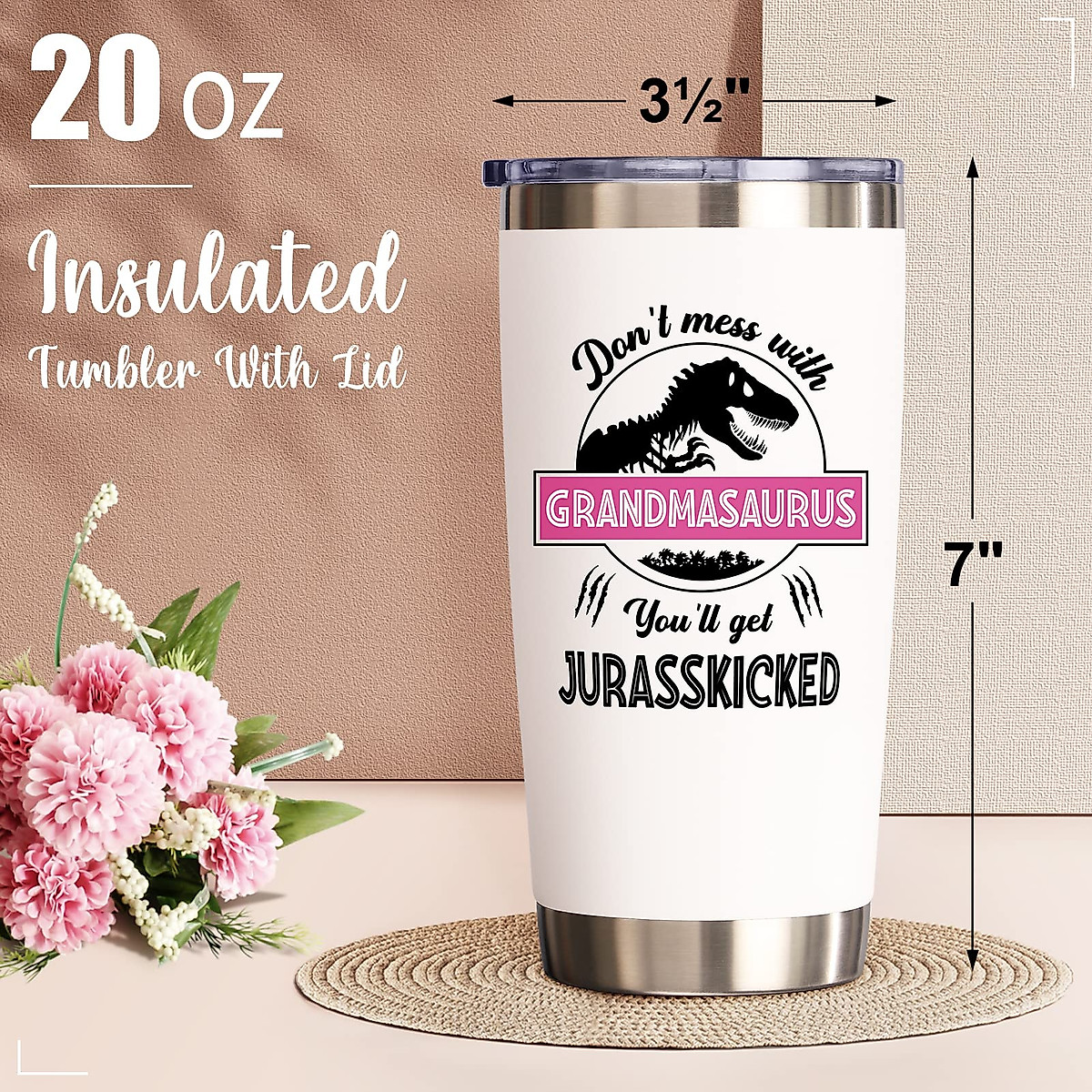 Fimibuke Best Grandma Gifts - 20 OZ Tumbler Mothers Day Gifts for Grandmother from Granddaughter, Grandson, Grandkids, Grandmasaurus Insulated Cup Birthday Present for Nana/New Grandma/Grandparents