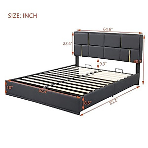 Goohome Modern Queen Size Upholstered Platform Bed with Hydraulic Storage System, Lift Up Storage Bed Queen Size with Headboard, Sturdy Wooden Platform Bed Frame for Teens Adults, Space Saving