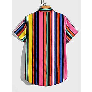 OYOANGLE Men's Striped Short Sleeve Button Down Shirts Collar Hawaiian Shirt Top Without Tee Colorblock Striped XXL