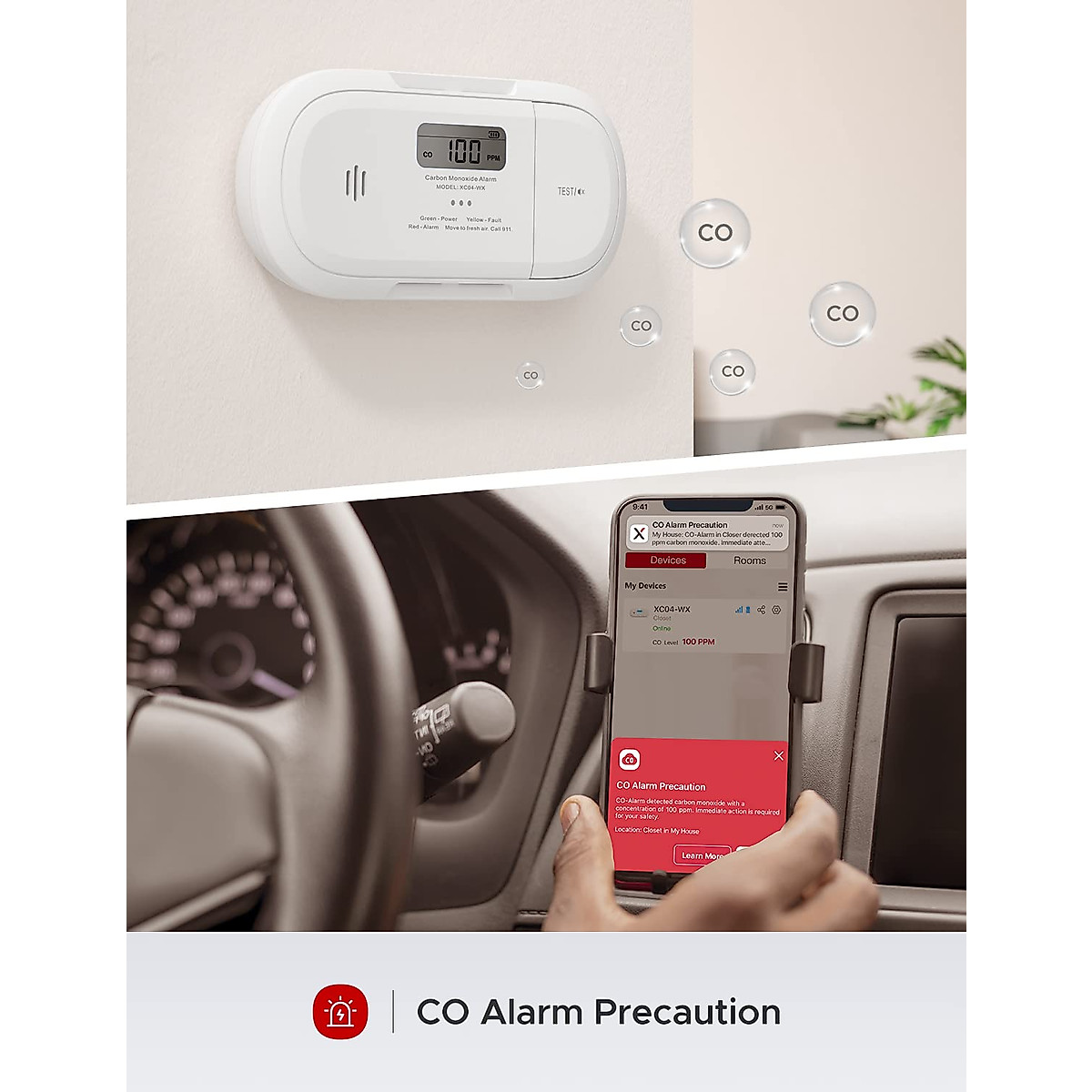 X-Sense Smart Carbon Monoxide Detector, Wi-Fi CO Detector, Real-Time Push Notifications via X-Sense Home Security App, Replaceable Battery, Optional 24/7 Professional Monitoring Service, XC04-WX