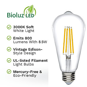 Bioluz LED 92 CRI Dimmable Edison Light Bulbs 800 Lumen Soft White 3000K 60W Replacement ST64 / ST19 / ST58 8.5W E26 Standard Base Title 20 High Efficacy Lighting 6-Pack