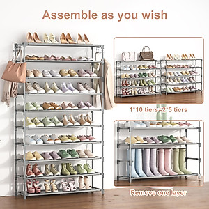LANTEFUL 10 Tiers Shoe Rack 50 Pairs Large Capacity Tall Shoe Organizer Sturdy Shoe Storage with Two Hooks Space Saving Metal Wide Shoe Rack for Closet, Entryway, Bedroom, Grey