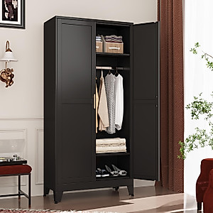GAIOUS Metal Wardrobe Cabinet with Hanging Rod, 70.87" Metal Clothing Storage Cabinets with 2 Doors and Adjustable Shelves, Black Armoire Wardrobe Closet for Bedroom, Laundry Room, Cloak Room