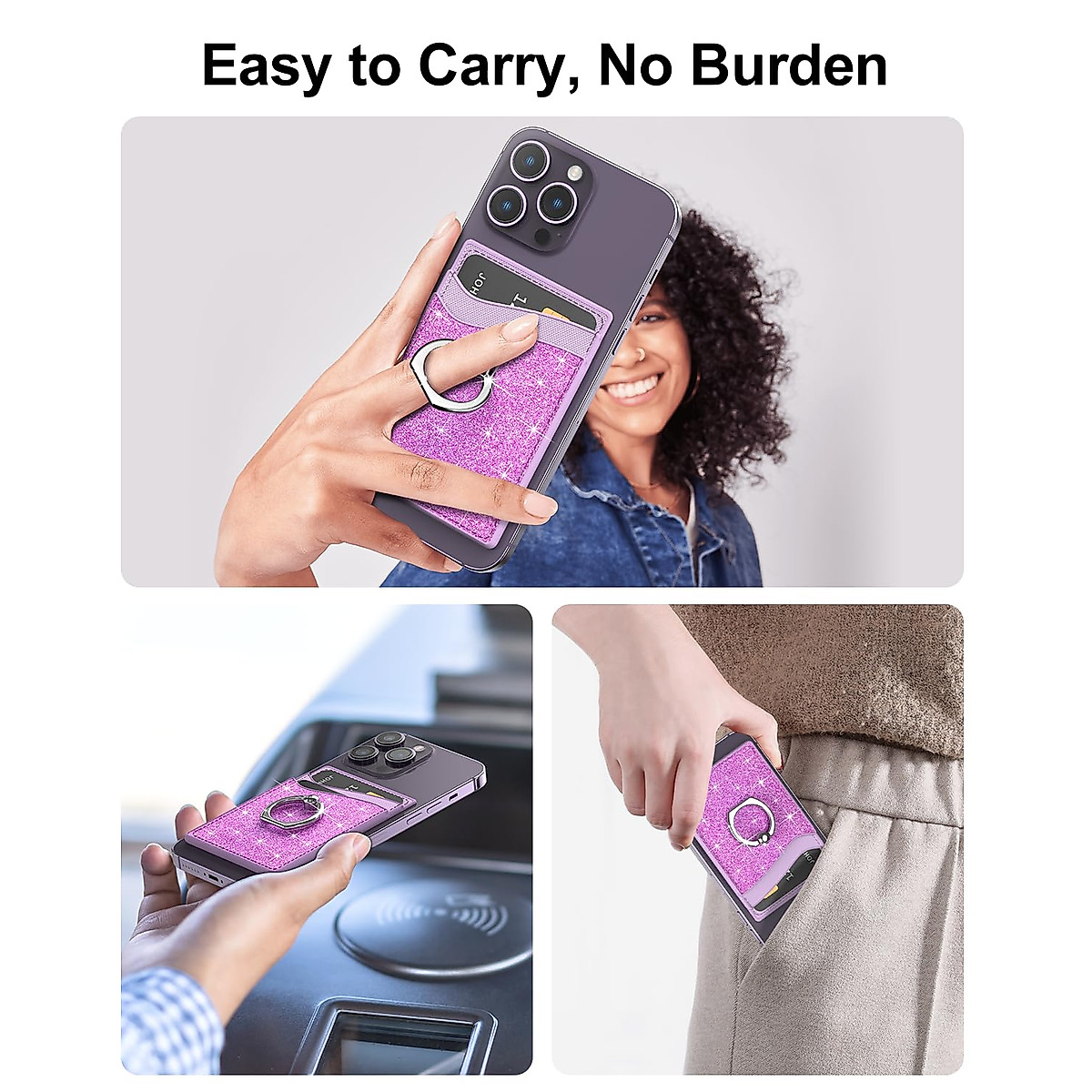 Anfauny MagSafe Phone Wallet - Leather Magnetic Cell Phone Wallet Card Holder with 360°Rotation Ring Phone Stand & RFID Blocking Compatible with iPhone 15/14/13/12 Series & MagSafe Cases - Purple