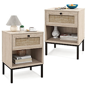 GOFLAME Rattan Nightstand Set of 2, Boho Bedside Table with Drawer & Open Shelf, Wooden End Table with Metal Legs, Farmhouse Sofa Side Table for Bedroom and Small Spaces, Oak