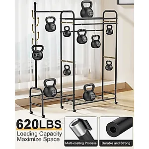 FYBEE 3-In-1 Clothes Racks For Hanging Clothes with Coat Rack, Heavy Duty Clothing Rack with Shelves Load 620Lbs, Portable Garment Racks with Lockable Wheels, Multi-Functional Closet Rack For Bedroom