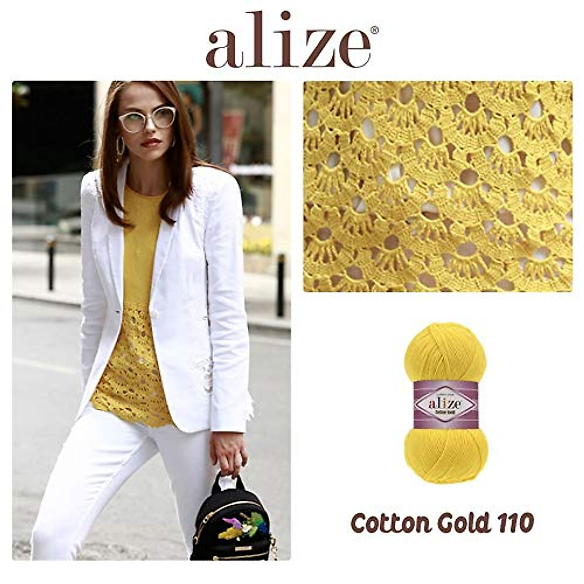 Alize Cotton Gold Yarn 55% Cotton 45% Acrylic Yarn Crochet Hand Knitting Art Lot of 2 Skeins 200gr 722yds (110-YELLOW)