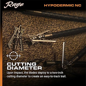 Rage Hypodermic NC 2-Blade 100gr Hunting Broadhead (R38100), Hybrid Tip, No Collar Blade Lock.035” Thick Swept-Back Angled Blades with a 2” Cutting Diameter, Machined Stainless Steel Ferrule, 3-Pack