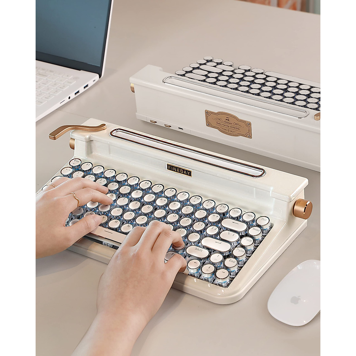 FINEDAY Keyboard 3.0, Blue Switch, Retro Mechanical Keyboard, Typewriter Designed, Bluetooth 5.0 & USB up to 4 Devices, for Desktop PC/Laptop Mac/Phone (83 ABS Keycap - White)