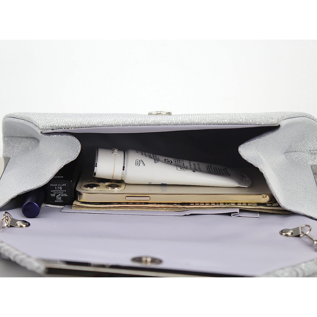 Quniko Glitter Clutch Purse Evening Handbag Formal Wedding Party Prom Bag, Silver