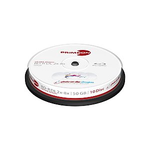Primeon BD-R DL 50GB/2-8x Cakebox (10 Disc), Photo-on-disc ultragloss Surface, Water Resistant Inkjet Fullsize Printable