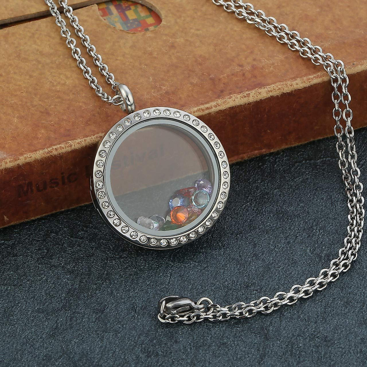 Jovivi 30mm Living Floating Memory Glass Locket Necklace - Stainless Steel Round Crystals Buckle Closure