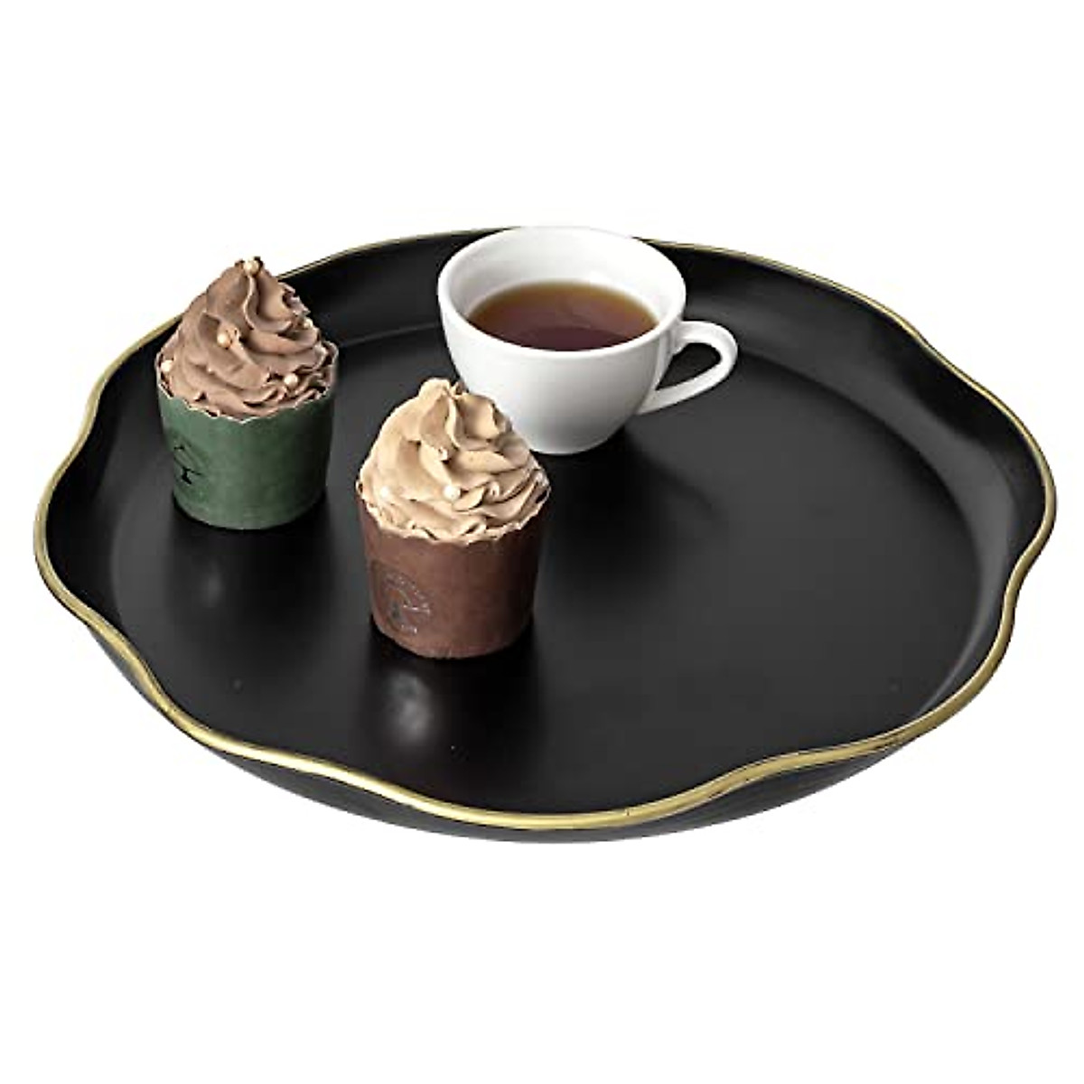 MyGift Modern Art Deco Matte Black Metal & Brass Tone Rim Serving Platter w/Scalloped Edges - 12-Inch Round Vanity Tray Display - Handcrafted in India