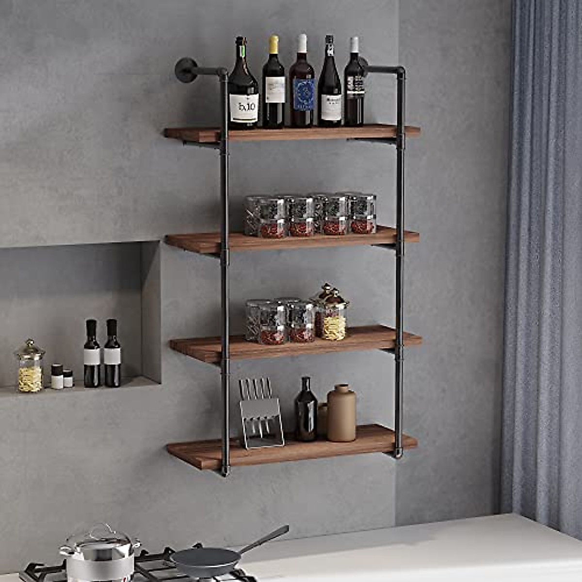 HOMCOM 4-Tier Industrial Pipe Shelves Floating Wall Mounted Bookshelf, Metal Frame Display Rack, 1.25" Thickness Shelving Unit for Farmhouse, Kitchen, Bar, Rustic Brown