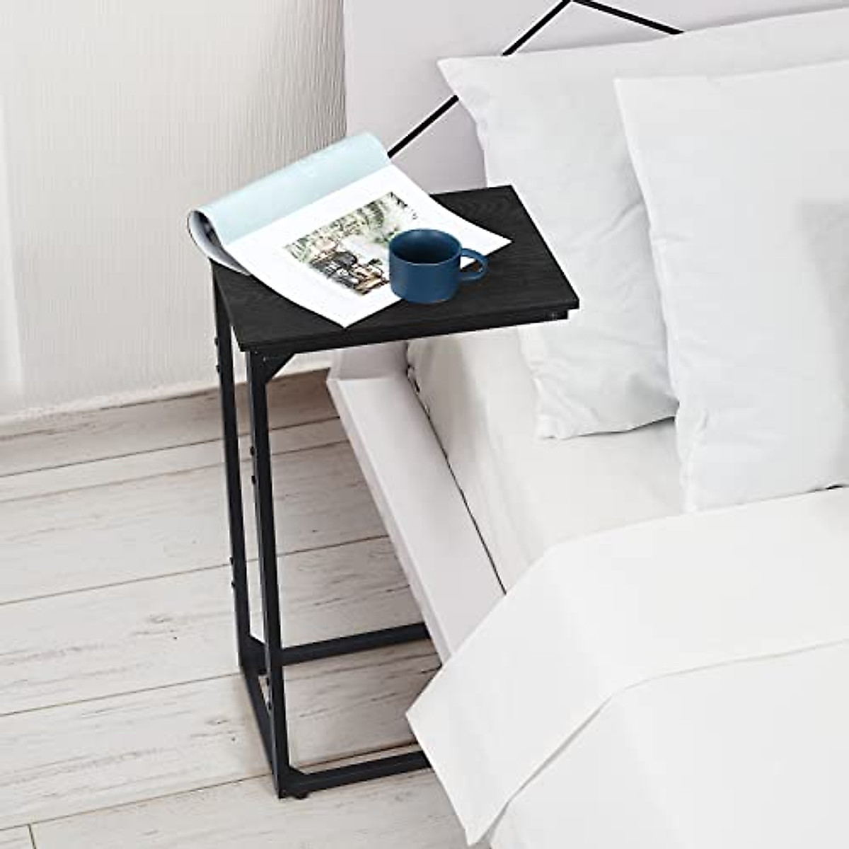 Nandae C Shaped End Table, Rustic Tray Side Table Bedside Table with Metal Frame for Laptop, Snack, Sofa Couch, Bed Living Room Bedroom, Black