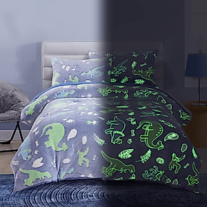 HOMBYS Glow in The Dark Comforter Set 5 Piece Twin/Twin XL with Sheets, Blue Dinosaur Velvet Bedding Comforter Sets for Twin Bed, Ultra Soft Down Alternative Comforter for Boys Kids, Bed in a Bag