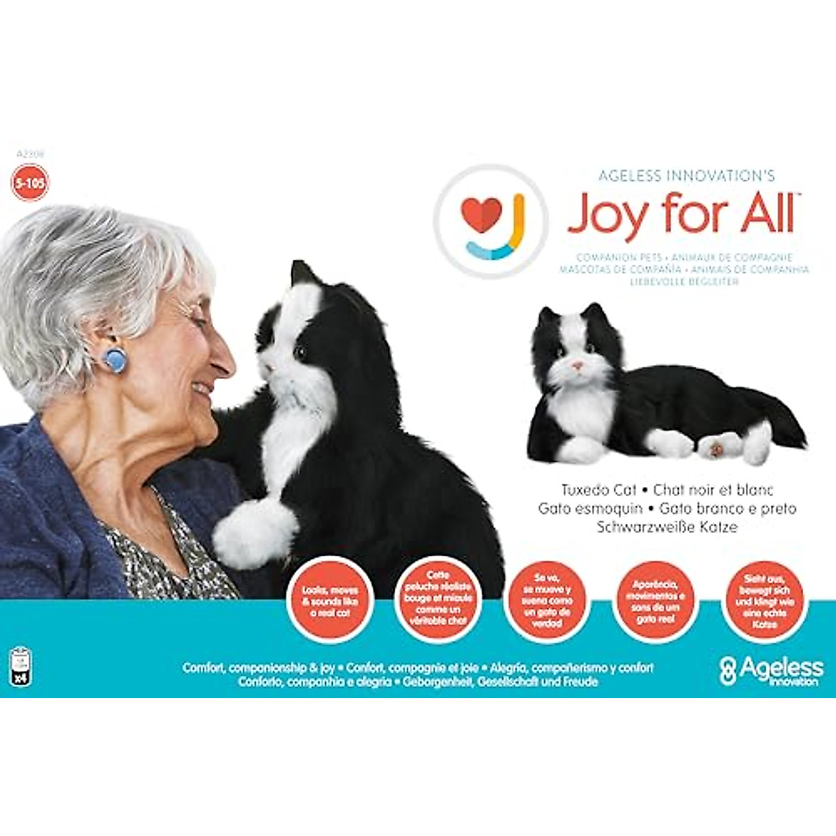 JOY FOR ALL Companion Pet for Seniors - Lifelike Animatronic Cat - Realistic Soft-Touch Fur & Purring - Therapy Stuffed Animal - Toy for Alzheimer's & Dementia - Tuxedo