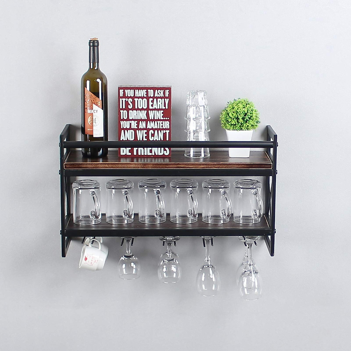 MBQQ Wine Rack Stemware Glass Rack,Industrial 2-Tier Wood Shelf,36" Wall Mounted Wine Racks with 8 Stem Glass Holder for Wine Glasses,Mugs,Home Decor,Black