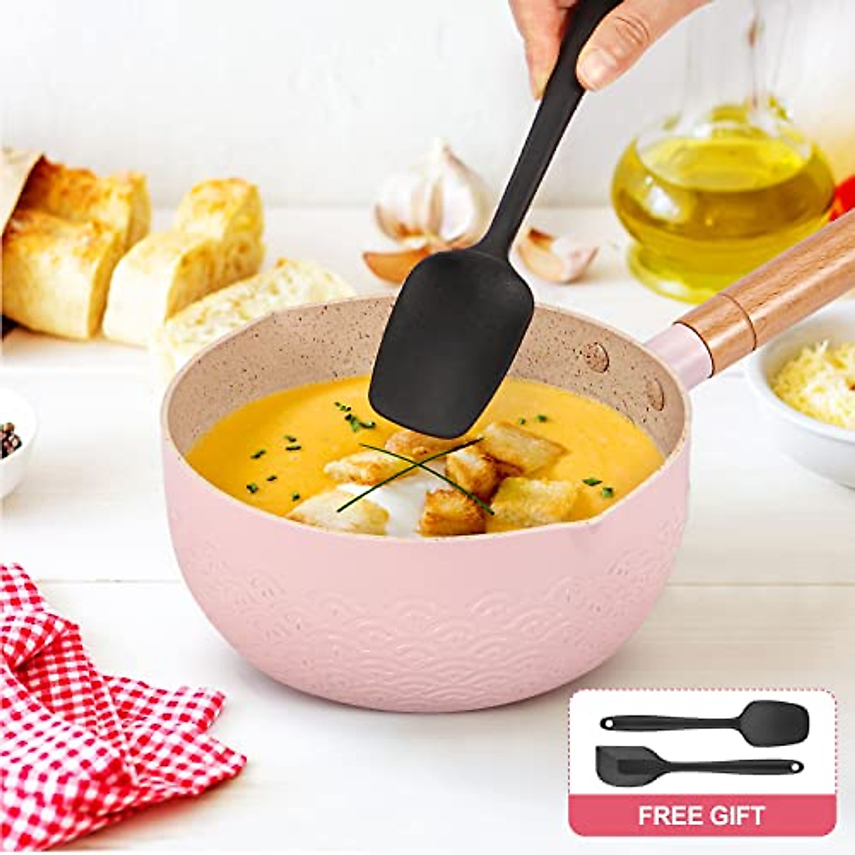 2.1 Quart Saucepan Set with Lid, Nonstick Aluminum Sauce Pot, Induction Compatible Small Cooking Pots with Silicone Spatulas for Milk, Soup, Pasta, Egg, Rice (PINK)