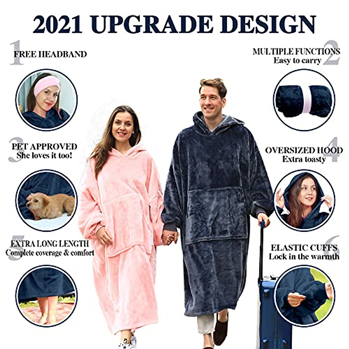 Lengthened Oversized Blanket Hoodie Wearable Blanket Sweatshirt Women - Navy Blue Hoodie Blanket Hooded Blanket Women and Men, Super Warm Blanket Sleeves and Giant Pocket