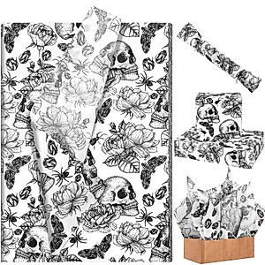 100 Sheets Vintage Halloween Tissue Paper for Gift Wrapping Skull Rose Butterfly Spider Printed Tissue Paper for Gift Bags for Halloween Party DIY Craft, 20 × 14 Inches