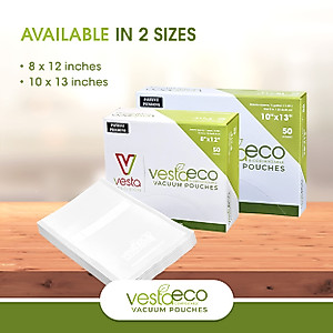 VestaEco Chamber Machine Vacuum Pouches - Certified Commercially Compostable - Flat and Clear Vacuum Sealer Bags - Great for Food Storage and Sous Vide - 8 x 12 inches - 50 Vacuum Seal Bags Per Box