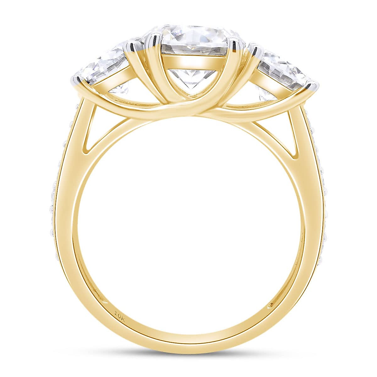 SAVEARTH DIAMONDS Three Stone Design, 3.40 Cttw Center 8MM Round Cut Lab Created Moissanite With Accents Engagement Ring In 10K Solid Yellow Gold (VVS1 Clarity) Size-6.5