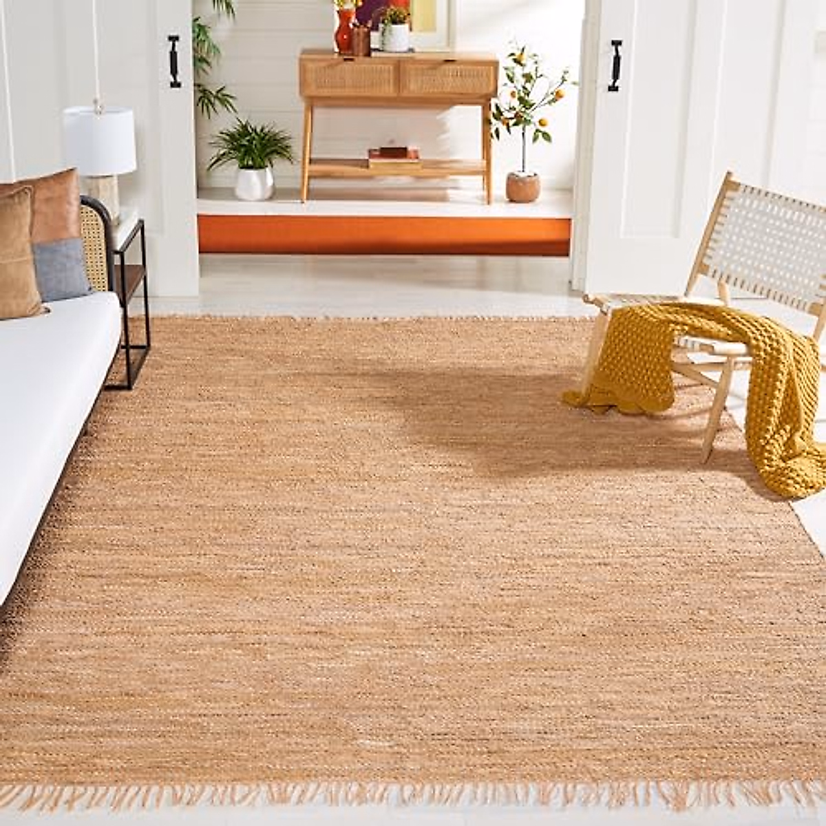 SAFAVIEH Vintage Leather Collection Area Rug - 8' x 10', Light Gold, Handmade Boho Fringe Leather, Ideal for High Traffic Areas in Living Room, Bedroom (VTL501D)