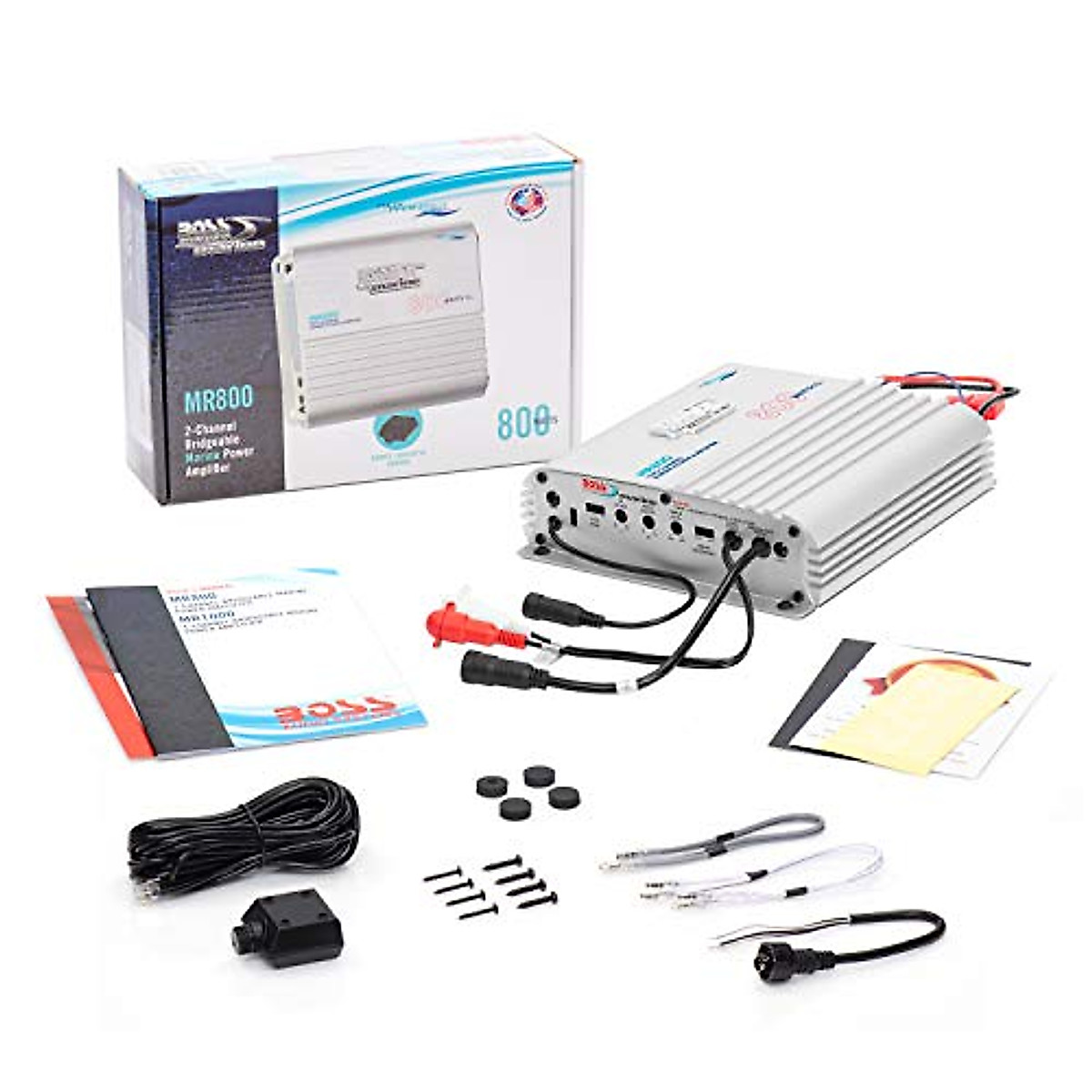 BOSS Audio Systems MR800 Marine Grade 800 Watt, 2 Channel, 2 4 Ohm Stable Class AB, Full Range, Bridgeable, Mosfet Power Supply Amplifier with Remote Subwoofer Control