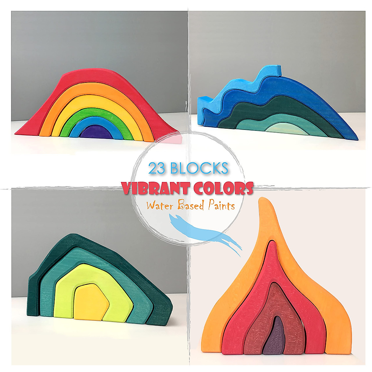 moderngenic 'Four Elements' Rainbow X-Large Rainbow Blocks, Wooden Toys for Kids, Geometric Building Puzzle, Volcano/House Educational Set