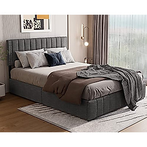 Gizoon Full Bed Frame with 4 Storage Drawers, Upholstered Platform Bed with Drawers and Headboard Adjustable Fits 6” to 12” Mattress, No Box Spring Needed (Dark Grey)
