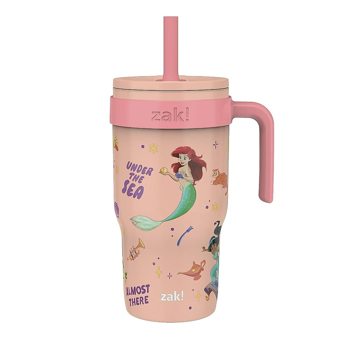 Zak Designs Disney Princess Cruiser Tumbler with Handle, Leak-Proof Straw, Stainless Steel, Vacuum Insulated, 18 oz.